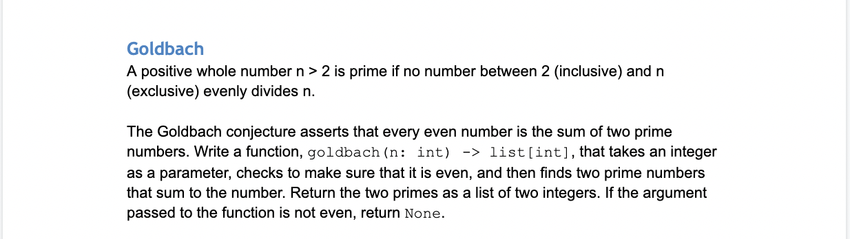 Solved Goldbach A positive whole number n > 2 is prime if no | Chegg.com