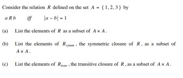 Solved Consider the relation R defined on the set A = {1, 2, | Chegg.com