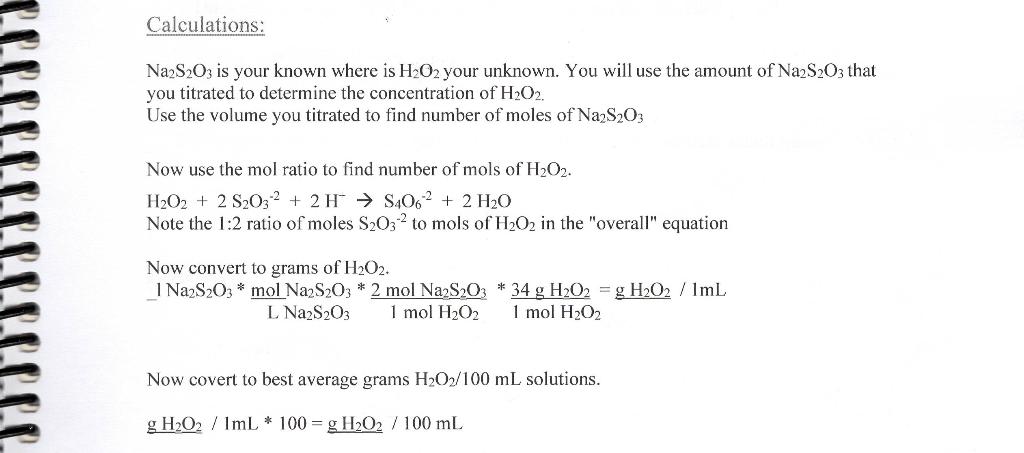 Solved Calculations: Na2S2O3 is your known where is H2O2 | Chegg.com
