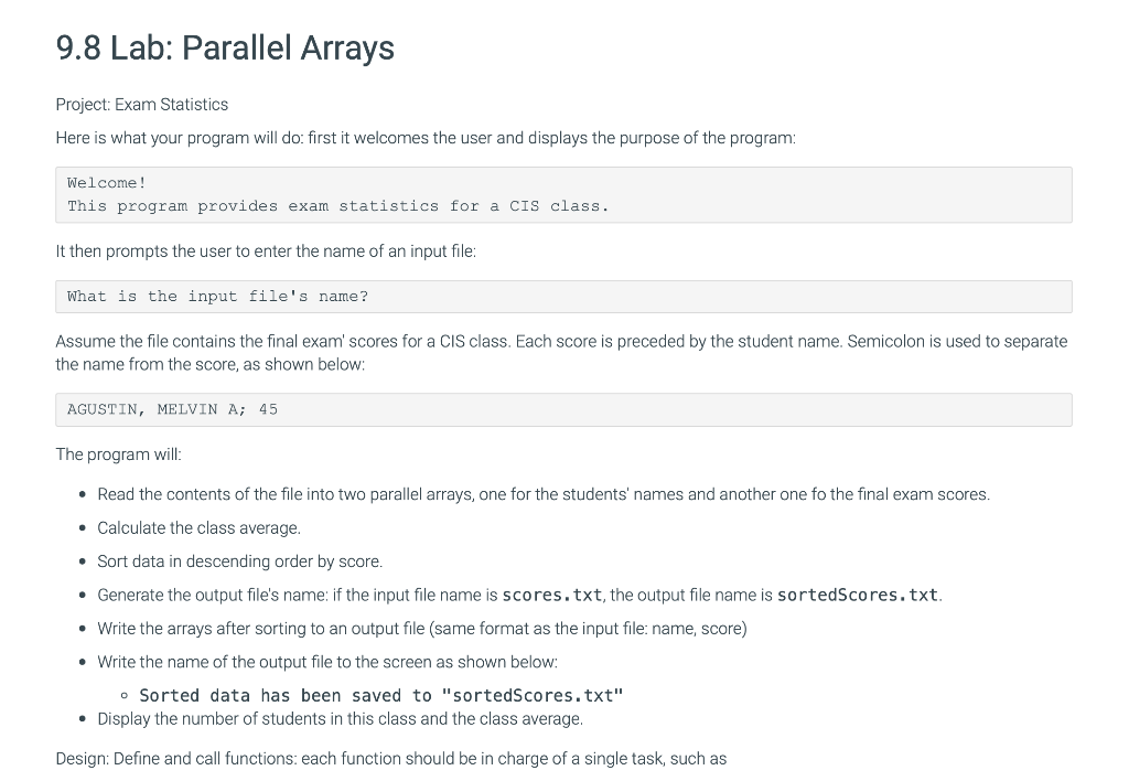 Solved 9.8 Lab: Parallel Arrays Project: Exam Statistics | Chegg.com
