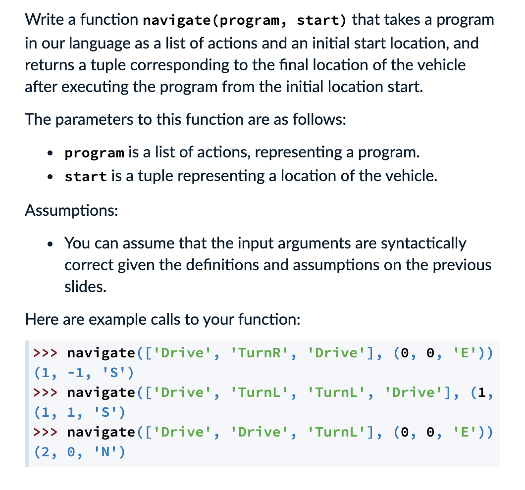 Solved Write a function navigate(program, start) that takes | Chegg.com