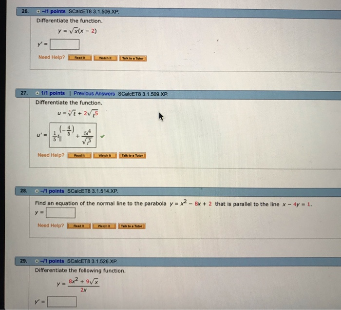Solved o-1 points SCalcET8 3.1.506.XP 26. Differentiate the | Chegg.com