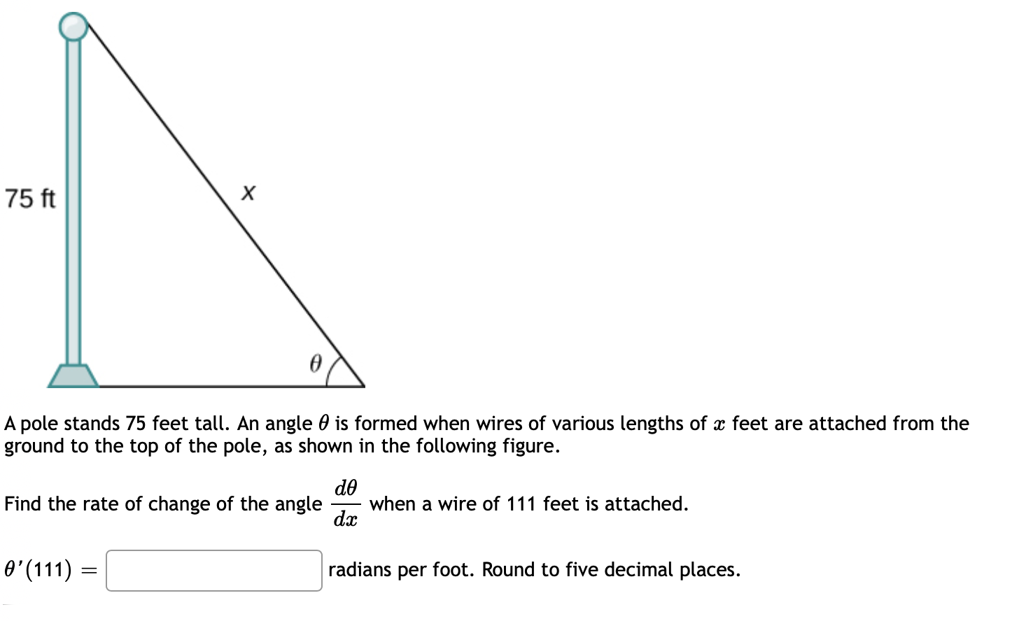 Solved X 75 ft 0 A pole stands 75 feet tall. An angle is | Chegg.com