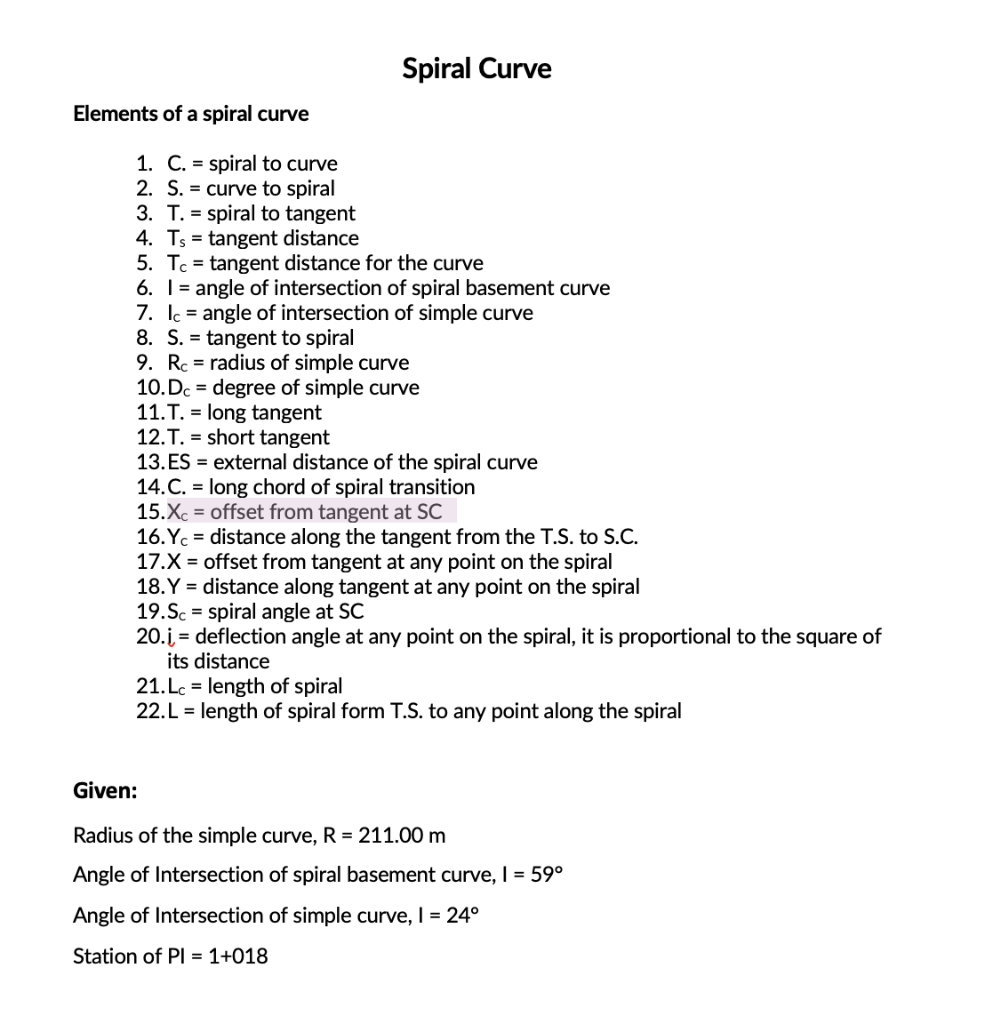 Spiral Curve Elements of a spiral curve 1. C. = | Chegg.com