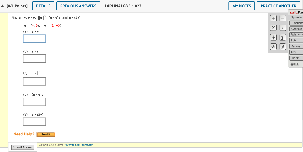 Solved LARLINALG8 5.1.023. Find u⋅v,v⋅vr∥u∥2,(u⋅v)v, and | Chegg.com