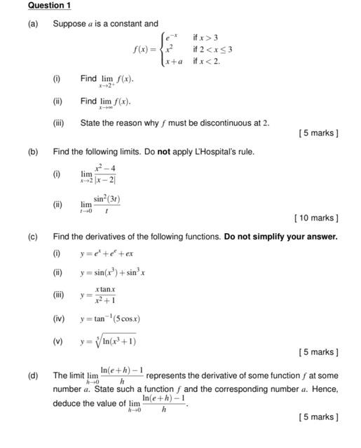 Solved (a) Suppose a is a constant and f(x)=⎩⎨⎧e−xx2x+a if | Chegg.com