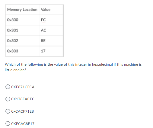 Solved Memory Location value 0x300 FC 0x301 AC Ox302 BE | Chegg.com
