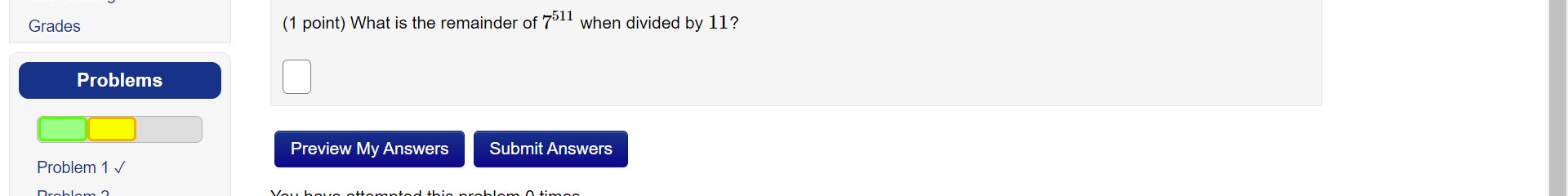 Solved (1 point) What is the remainder of 7511 when divided | Chegg.com