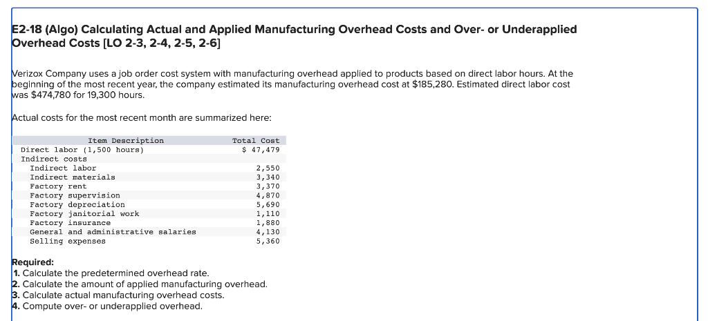 Solved E2-18 (Algo) Calculating Actual and Applied | Chegg.com