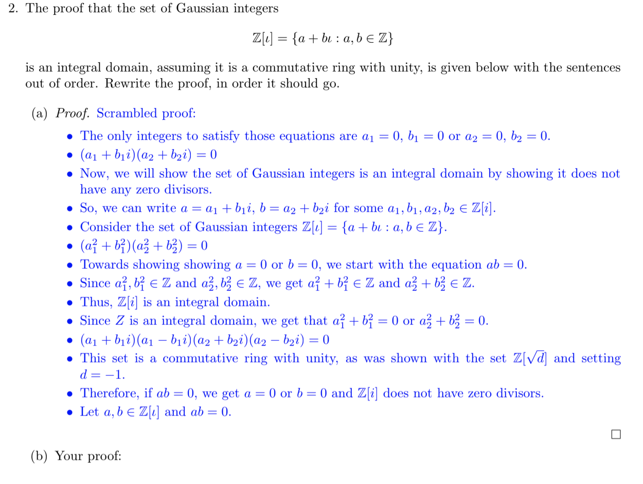 Solved 2. The proof that the set of Gaussian integers Z[i] = | Chegg.com