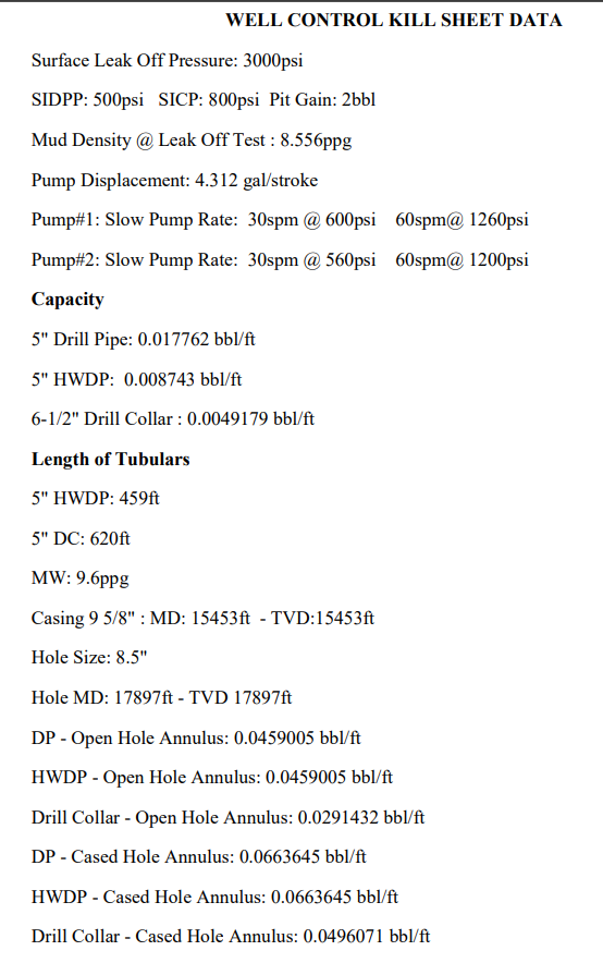 Solved WELL CONTROL KILL SHEET DATA Surface Leak Off | Chegg.com