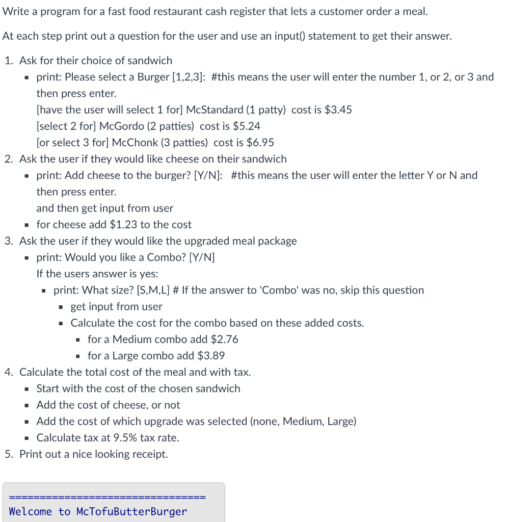 Solved Write a program for a fast food restaurant cash | Chegg.com