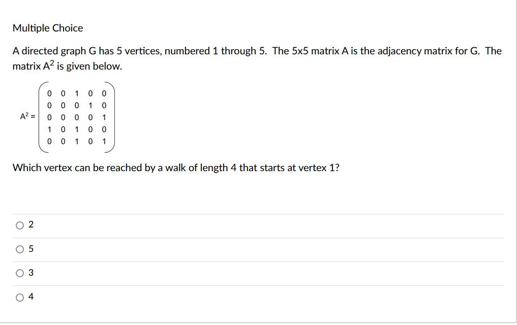 Solved Multiple Choice A directed graph G has 5 vertices, | Chegg.com