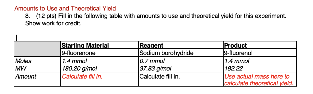 Solved Amounts to Use and Theoretical Yield 8. (12 pts) Fill | Chegg.com