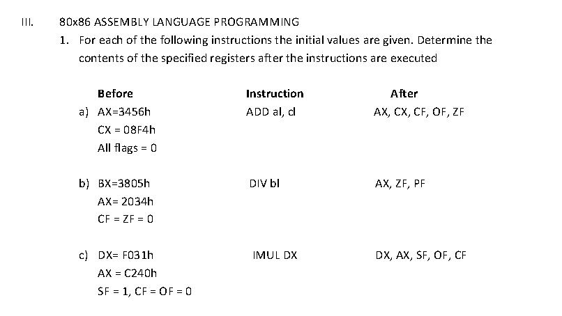 Solved III. 80x86 ASSEMBLY LANGUAGE PROGRAMMING 1. For each | Chegg.com