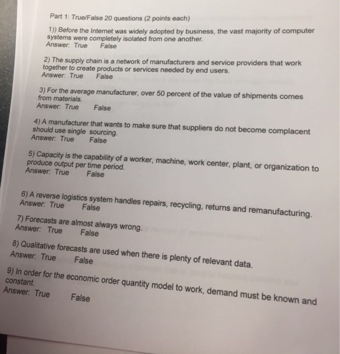 Solved Part 1 True False 20 Questions 2 Points Each 1