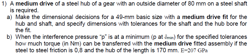 Solved 1) A medium drive of a steel hub of a gear with an | Chegg.com