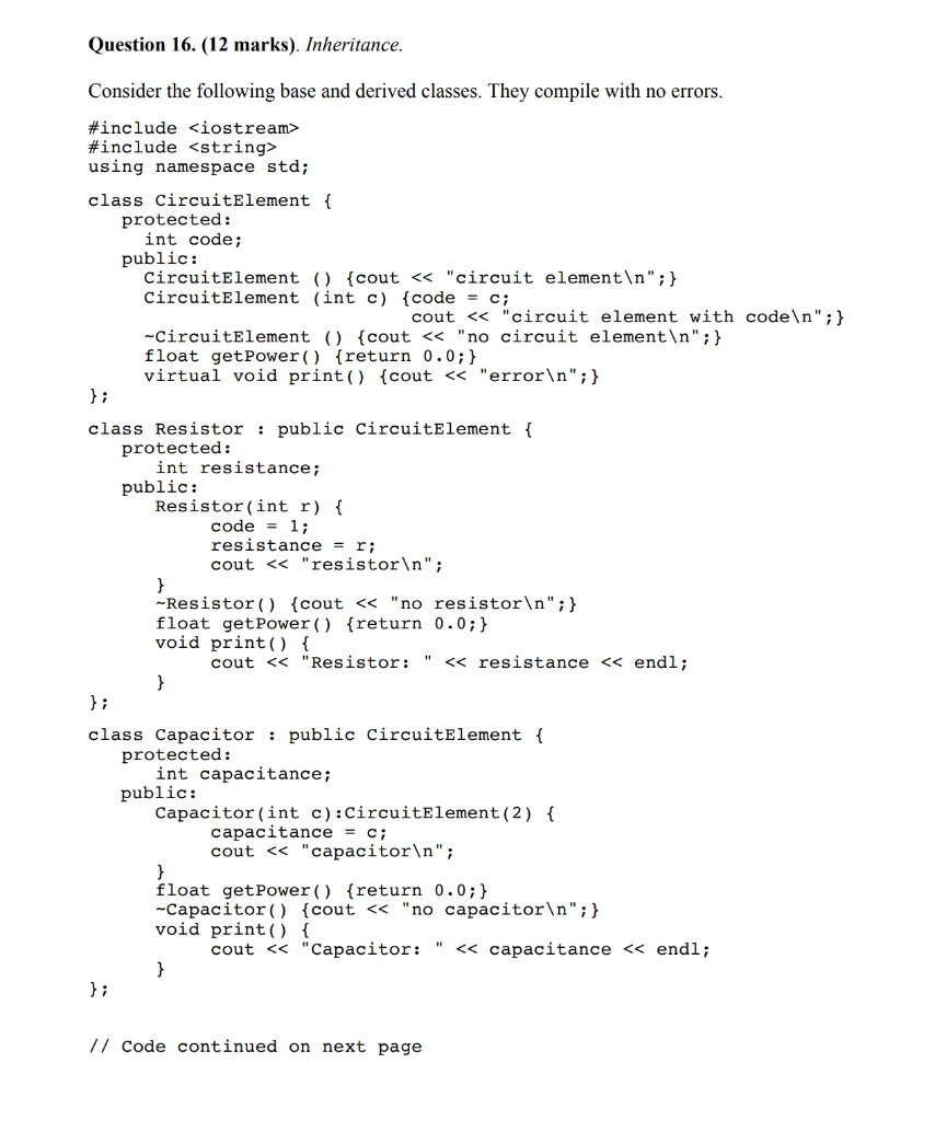 Solved Question 16. (12 marks). Inheritance. Consider the | Chegg.com