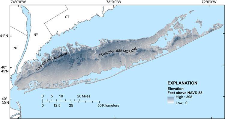 Solved Referencing the DEM topographic map of Long lsland | Chegg.com