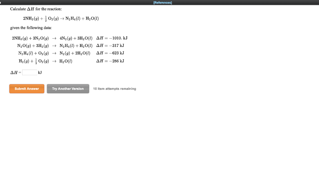Solved [References) Calculate AH for the reaction: 2NH3(g) + | Chegg.com