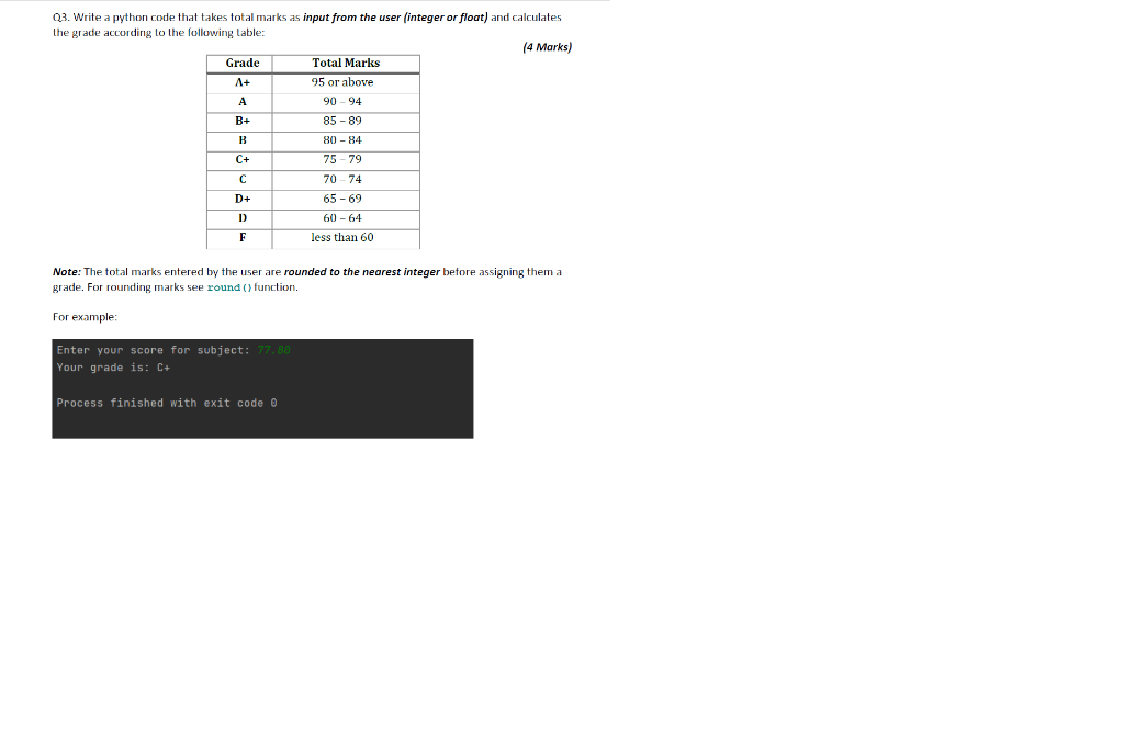 Solved Q3. Write a python code that takes total marks as | Chegg.com