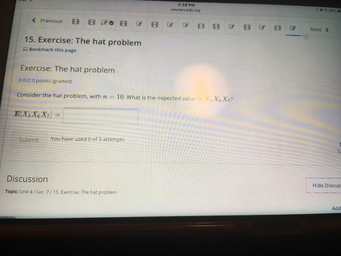 Solved 2:38 PM 15. Exercise: The hat problem W Bookmark this | Chegg.com