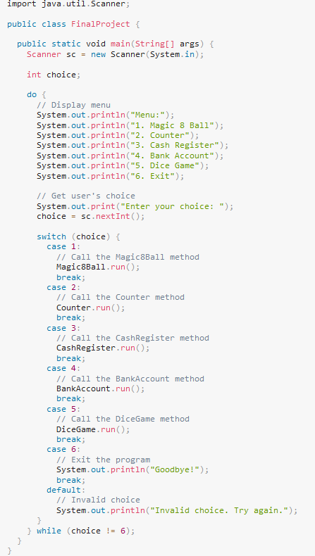 Solved How do I implement my method into my menu for my | Chegg.com