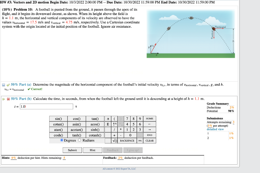 Solved (10\%) Problem 10: A football is punted from the | Chegg.com