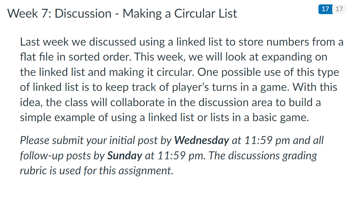 Solved Week 7: Discussion - Making a Circular List 1717 Last | Chegg.com