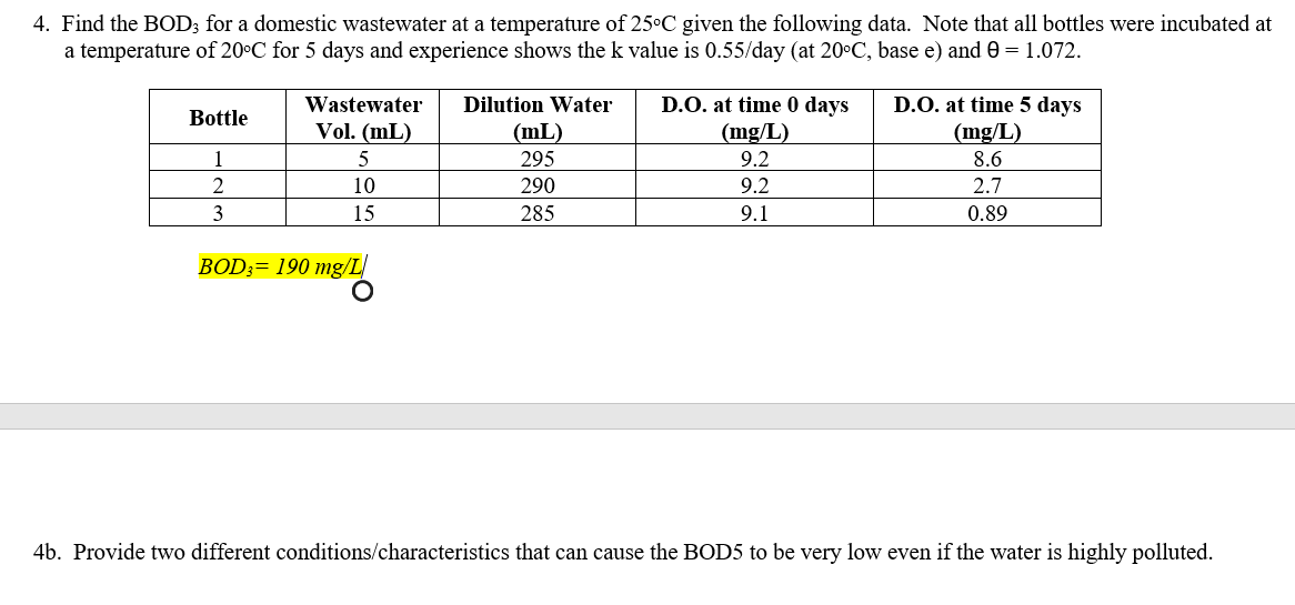Solved 4. Find the BOD3 for a domestic wastewater at a | Chegg.com