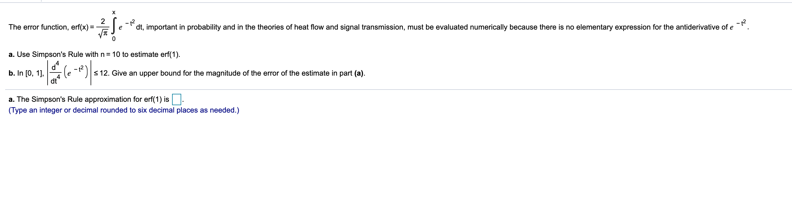 Solved х 2 The error function, erf(x) = s -tdt, important in | Chegg.com