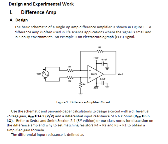 Solved I. Difference Amp A. Design The basic schematic of a | Chegg.com