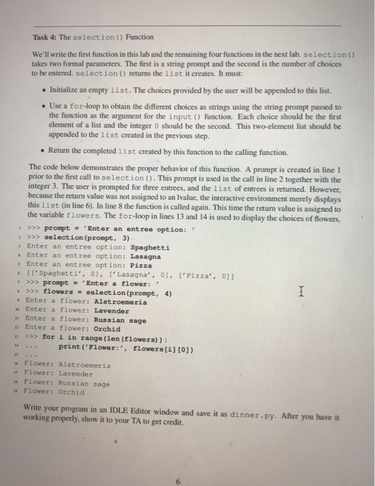 Solved Task 4: The selection ) Function We'll write the | Chegg.com