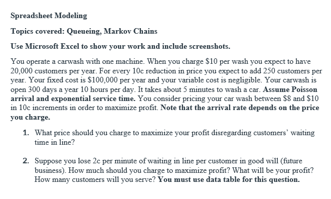 Solved Spreadsheet Modeling Topics Covered Queueing Markov