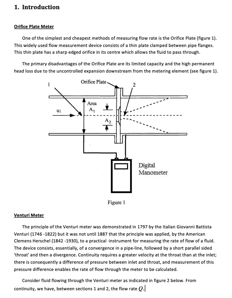 Solved 1. Introduction Orifice Plate Meter One of the | Chegg.com