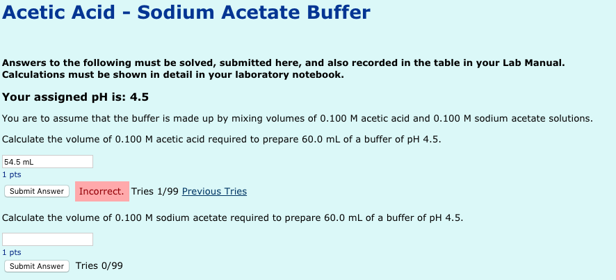 Solved Acetic Acid - Sodium Acetate Buffer Answers to the | Chegg.com