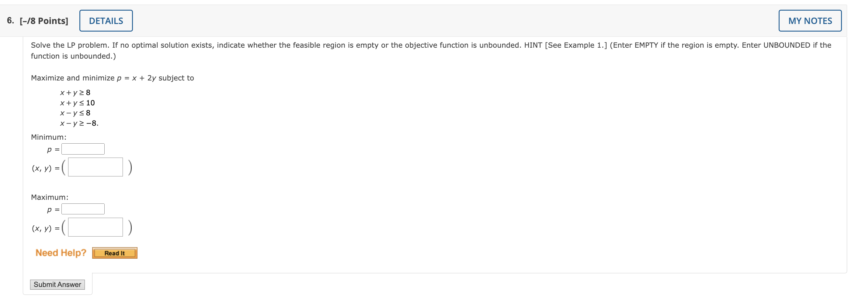Solved function is unbounded.) Maximize and minimize p=x+2y | Chegg.com