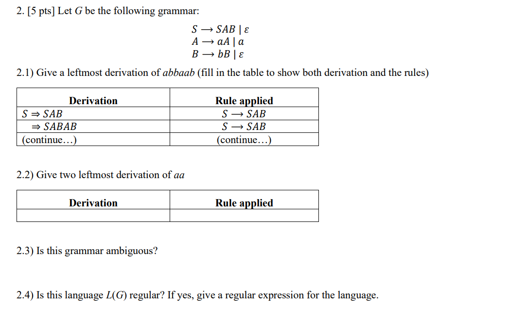 Solved 2. [5 pts] Let G be the following grammar: | Chegg.com