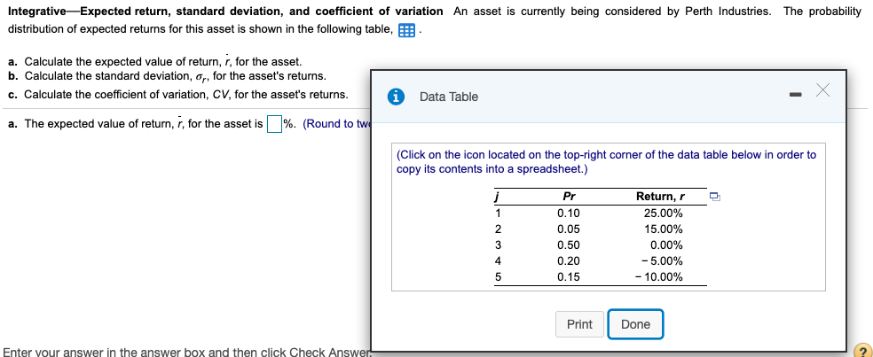 Solved Integrative Expected return, standard deviation, and | Chegg.com