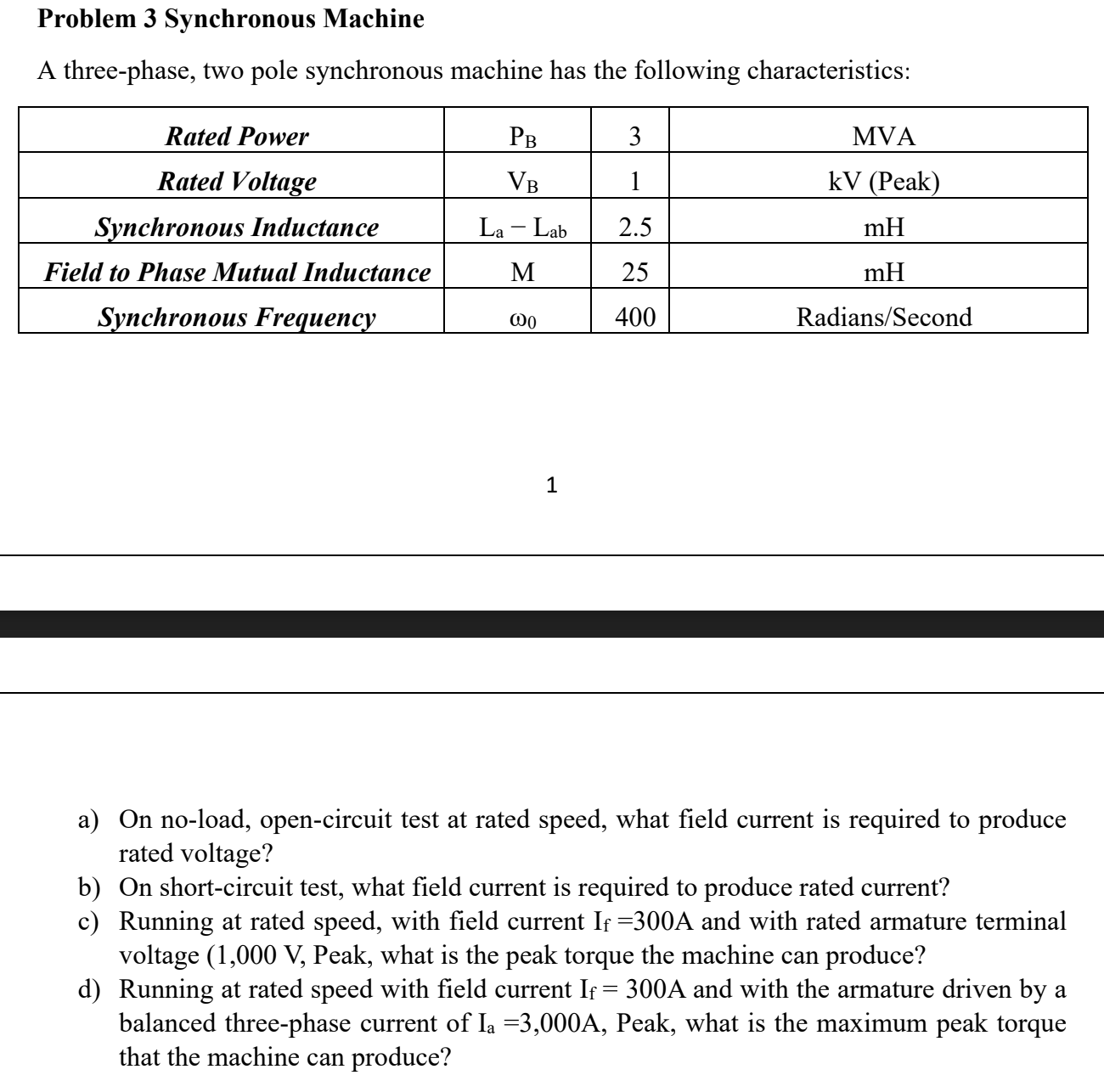 Solved Problem 3 Synchronous Machine A three-phase, two pole | Chegg.com