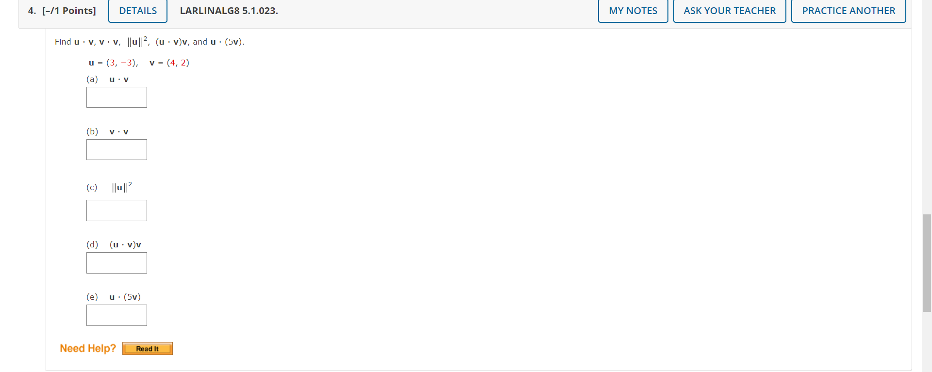 Solved u=(3,−3),v=(4,2) (a) u⋅v (b) v⋅v (c) ∥u∥2 | Chegg.com