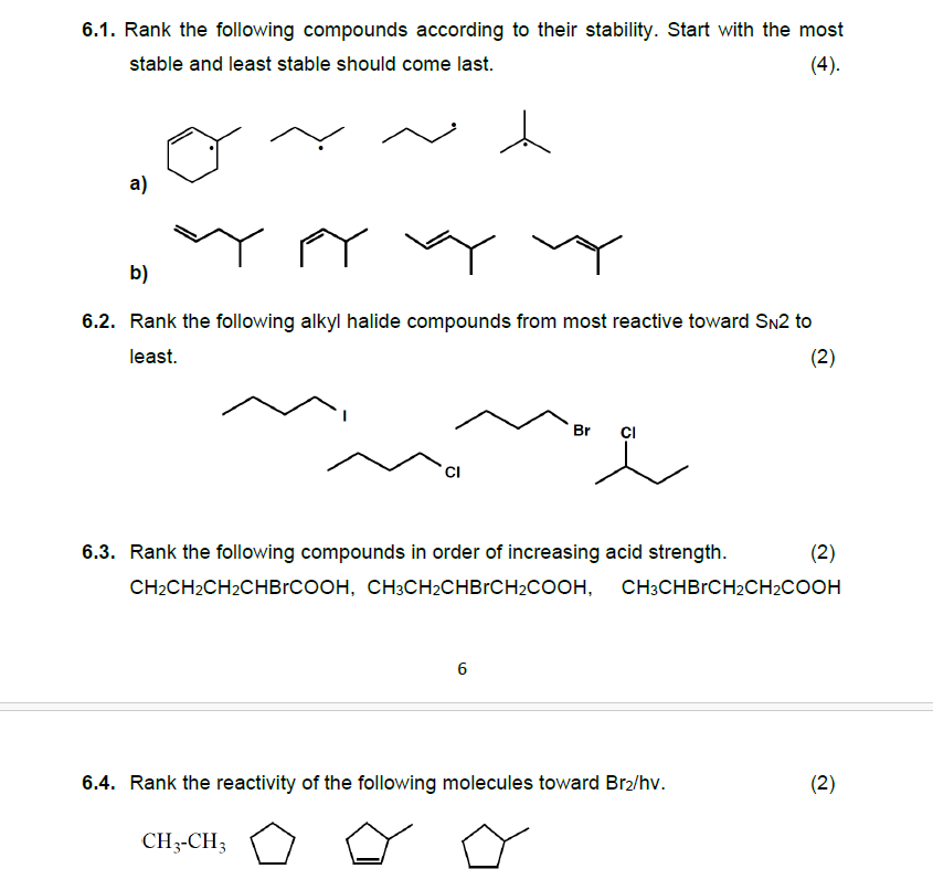 Solved 6.1. ﻿Rank the following compounds according to | Chegg.com