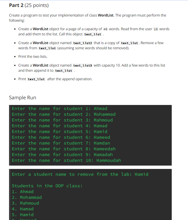 Solved A WordList Class Part 1 (75 points) Create a class | Chegg.com
