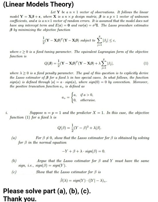 Solved (Linear Models Theory) Let Y be a nx 1 vector of | Chegg.com