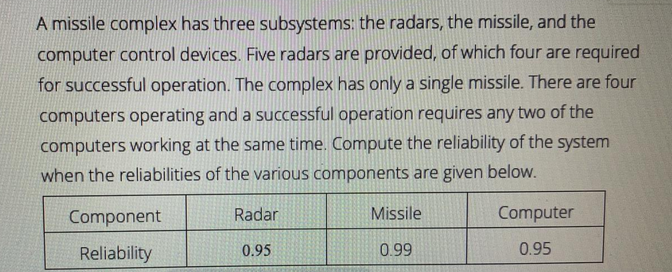 Solved A missile complex has three subsystems: the radars, | Chegg.com