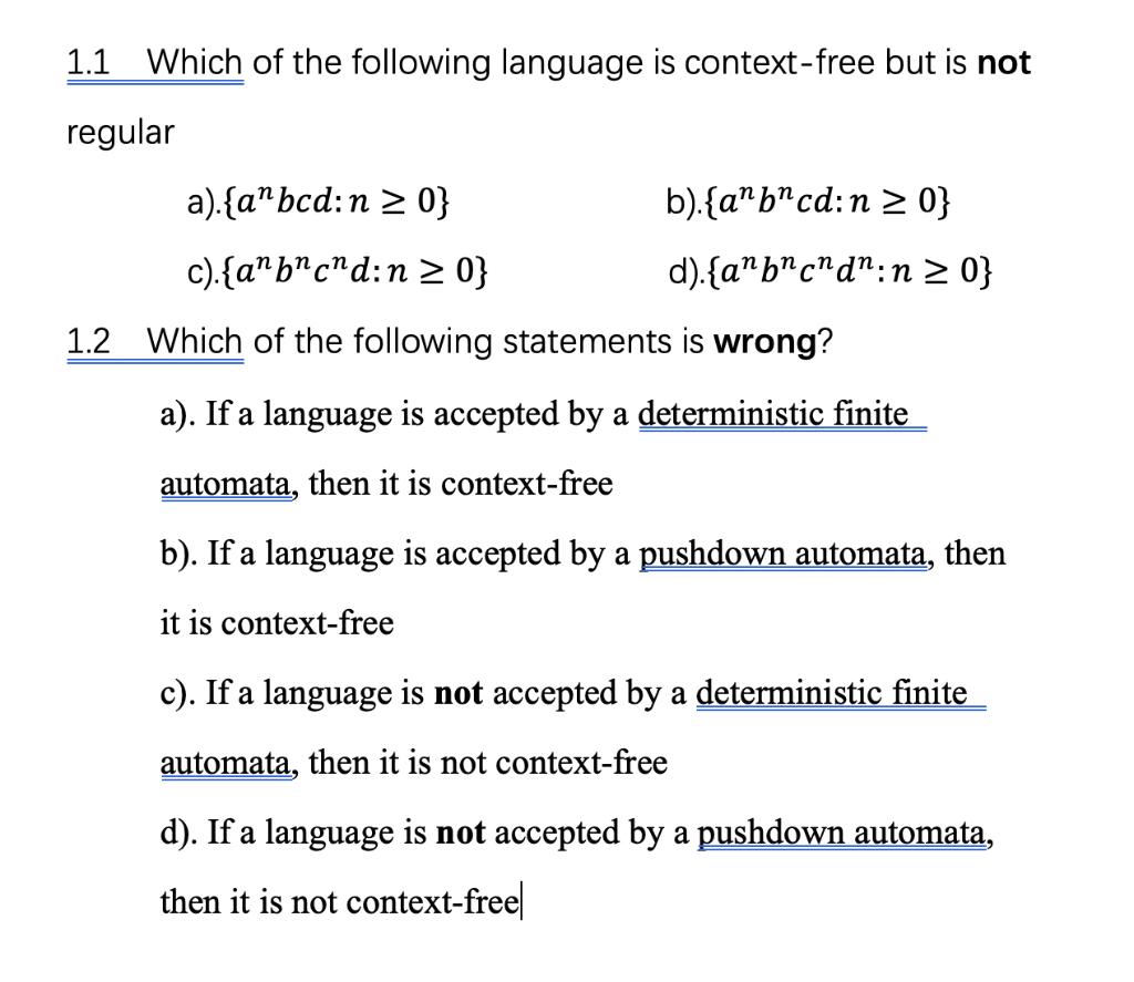 Solved 1.1 Which of the following language is context-free | Chegg.com