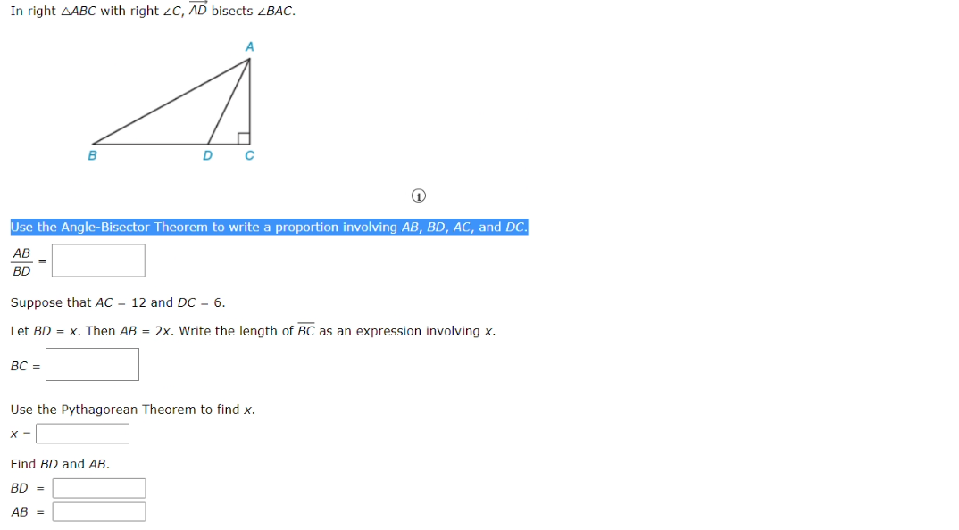 Solved In right AABC with right 2C, AD bisects ZBAC. A B С 0 | Chegg.com