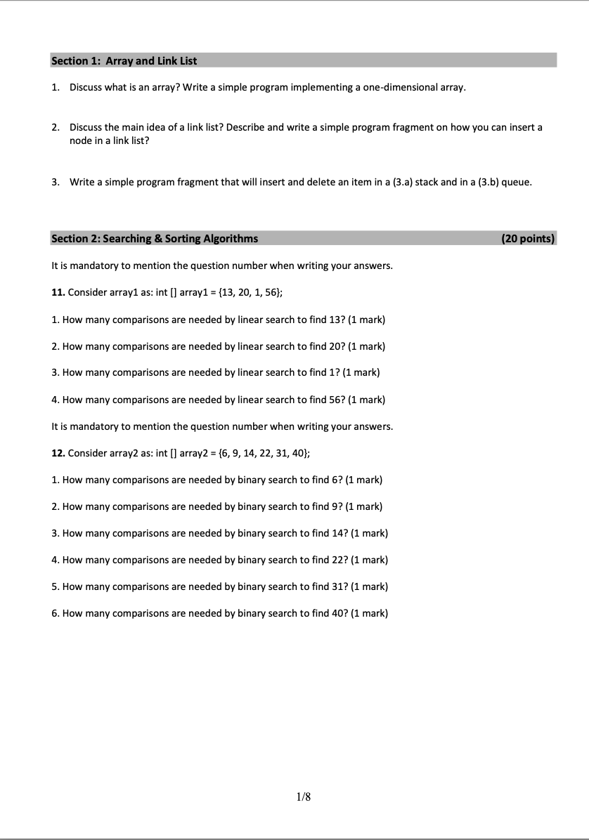Solved Section 1: Array and Link List 1. Discuss what is an | Chegg.com