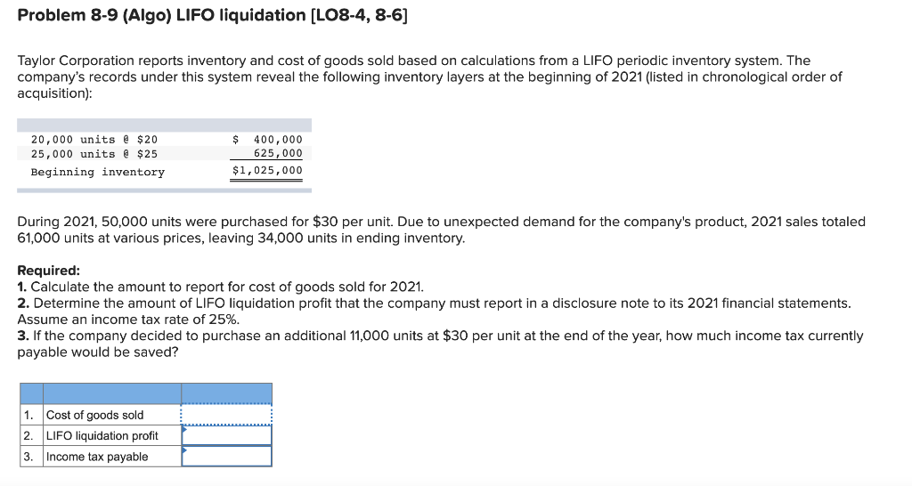 Solved Problem 8-9 (Algo) LIFO liquidation (LO8-4, 8-6] | Chegg.com