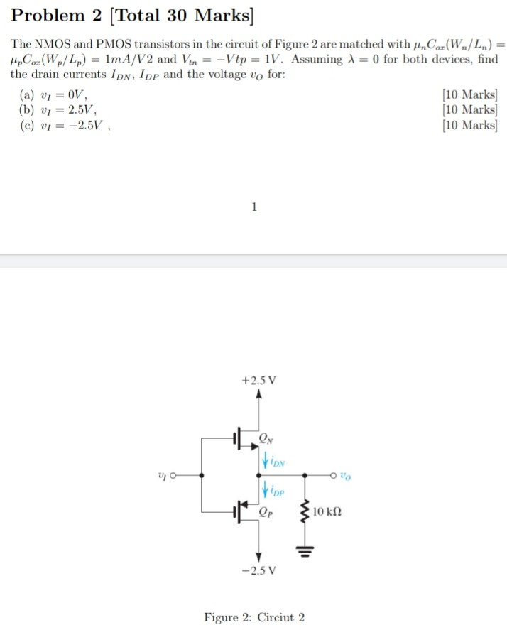 Solved Problem 2 [Total 30 Marks] The NMOS and PMOS | Chegg.com